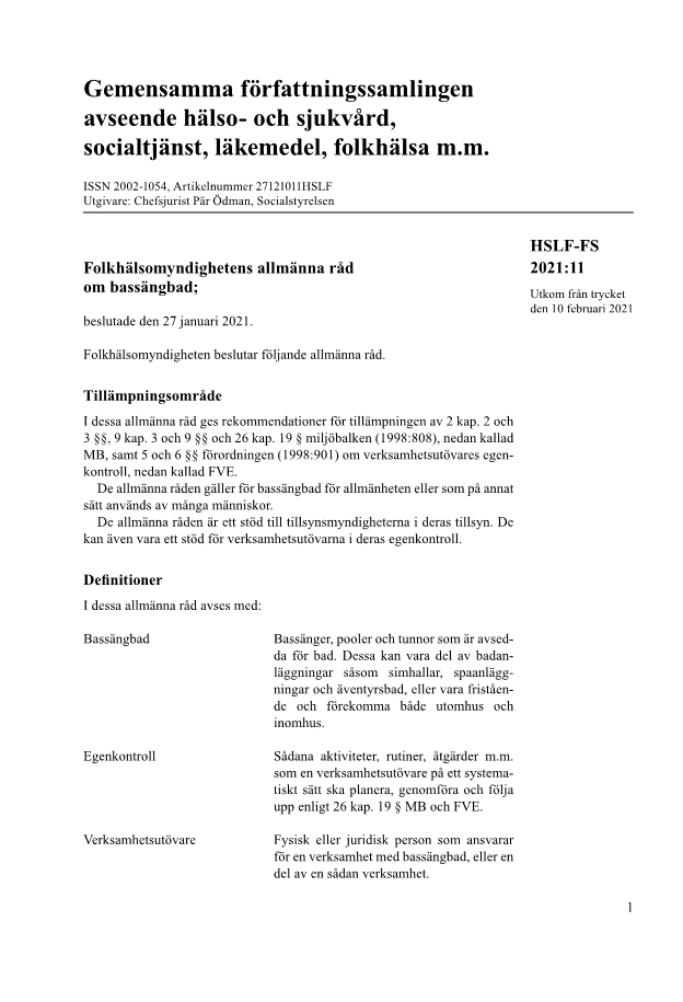 Folkhälsomyndighetens allmänna råd om bassängbad HSLF-FS 2021:11 ...